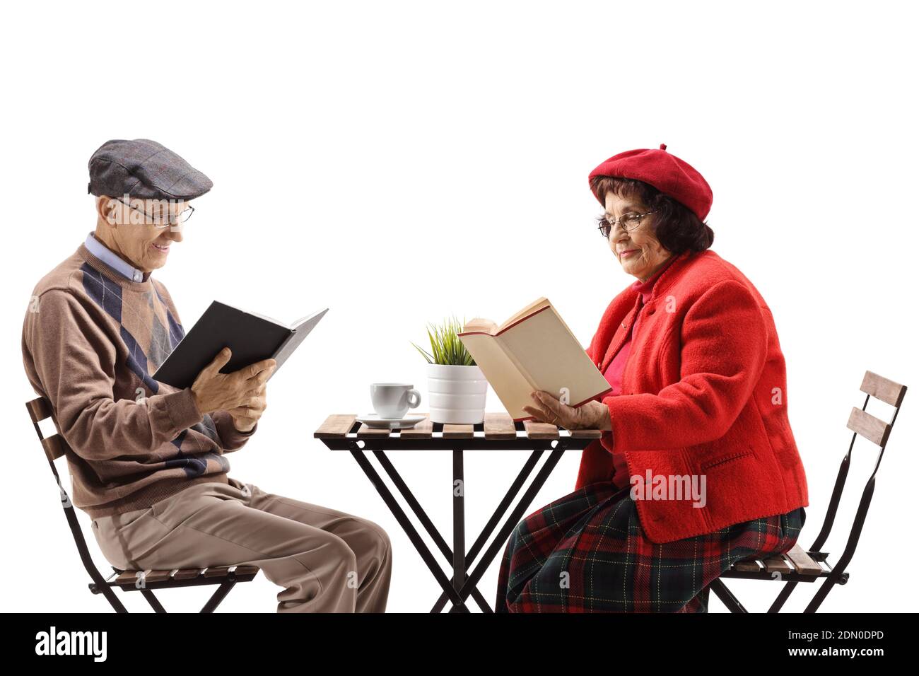 Elderly people at a table reading books isolated on white background ...