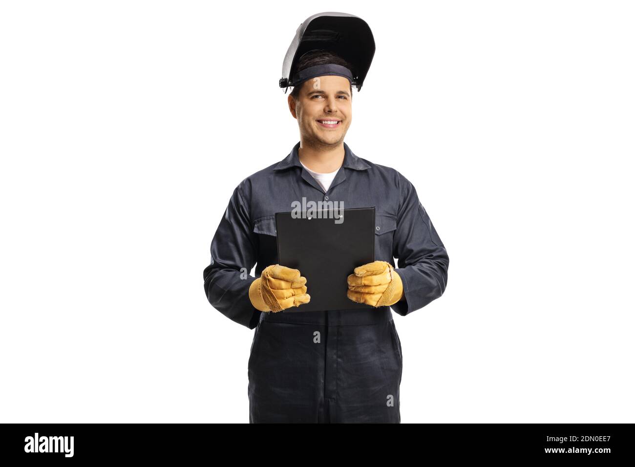 Welder in a uniform holding a clipboard isolated on white background ...