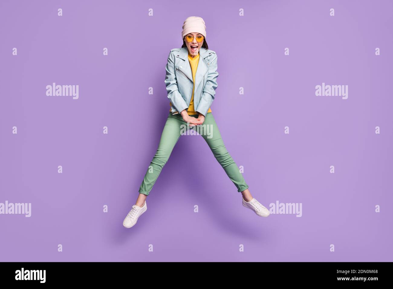 Full body photo of funky pretty lady stylish clothes jump high ...