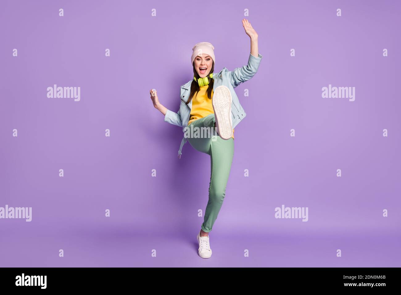 Full size photo of cool funky lady street clothes good mood dancing ...