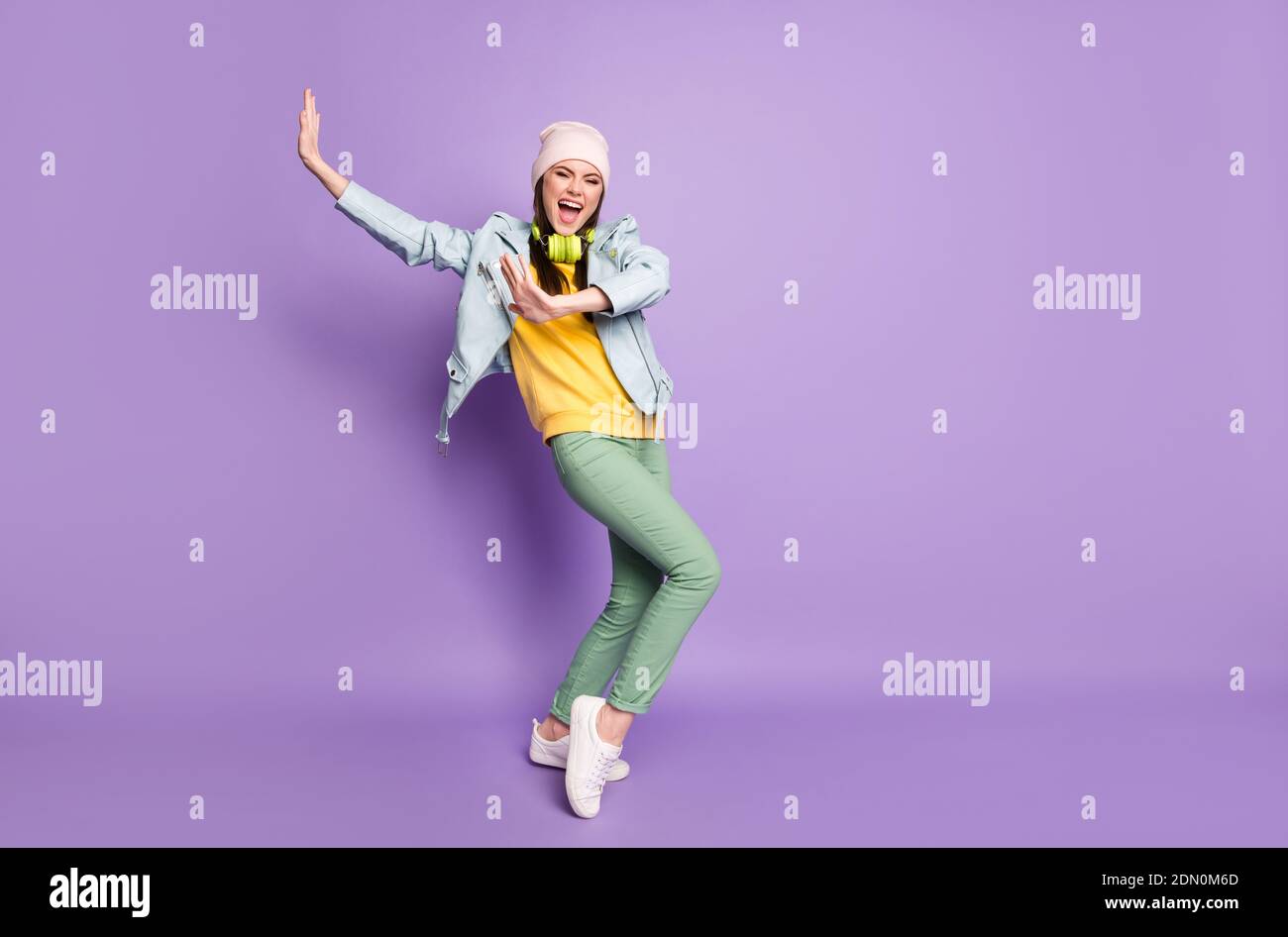 Full body photo of cool funky attractive lady street clothes good mood ...