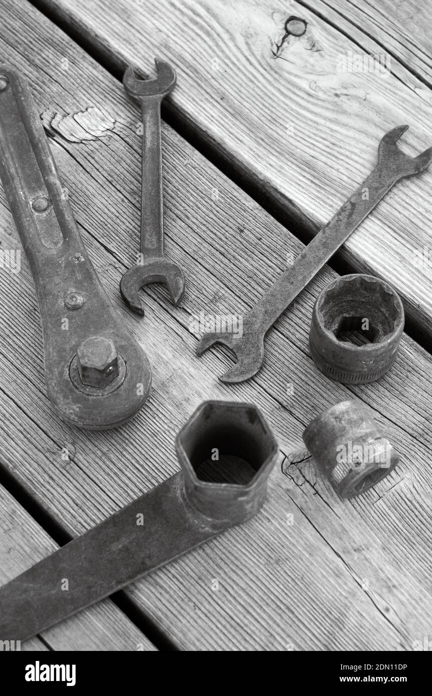 Antique Monochrome Rachet Mechanical Tools on Wood Background Stock ...