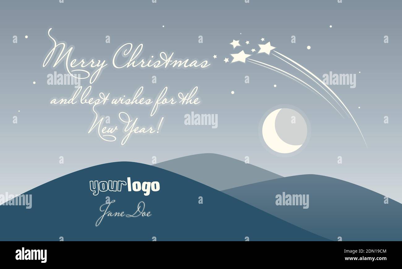 christmas card, night landscape with moon, stars and comet, text with ...