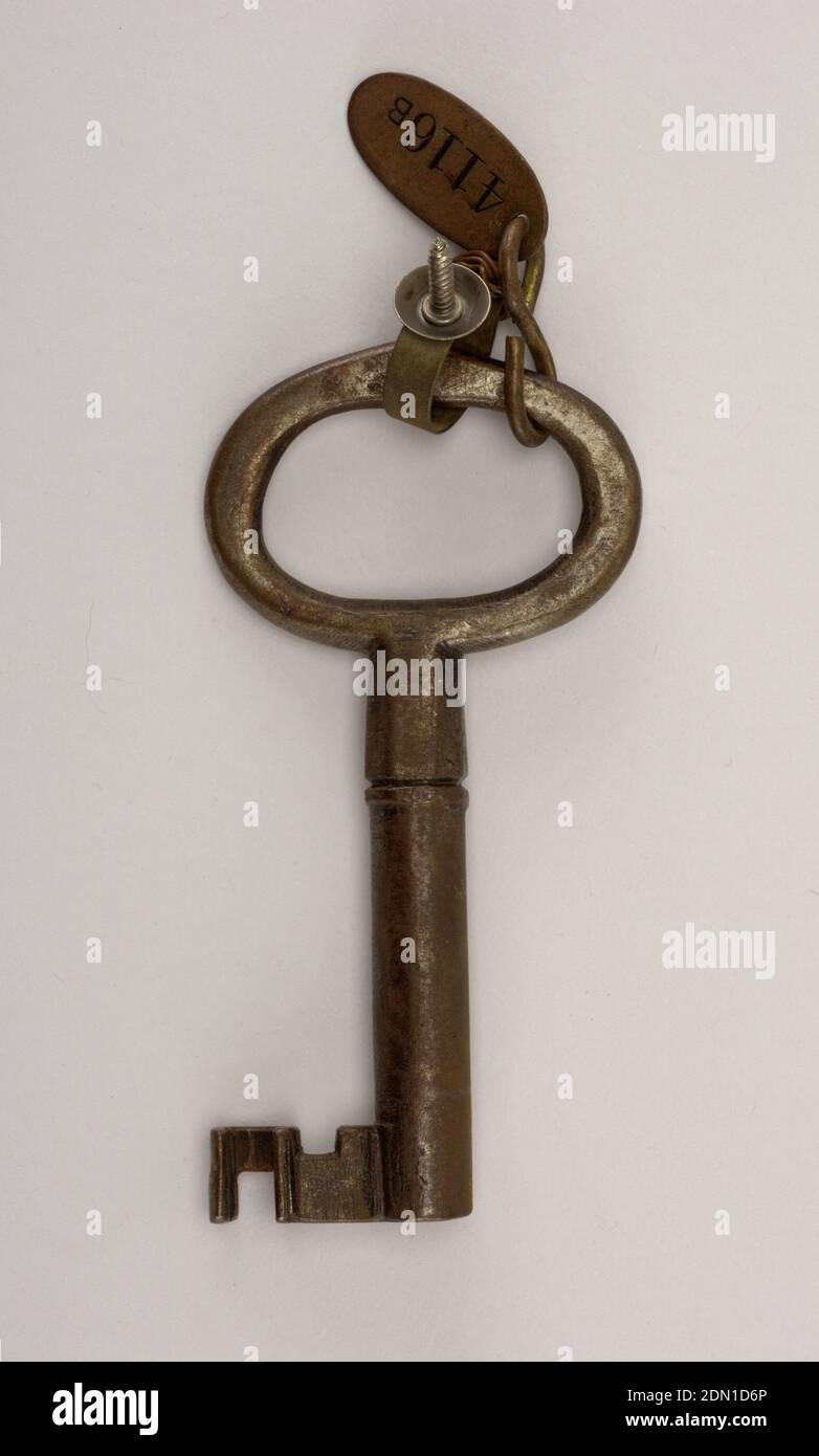 Lock and key, Cast and engraved steel, iron, Circular lock with ...