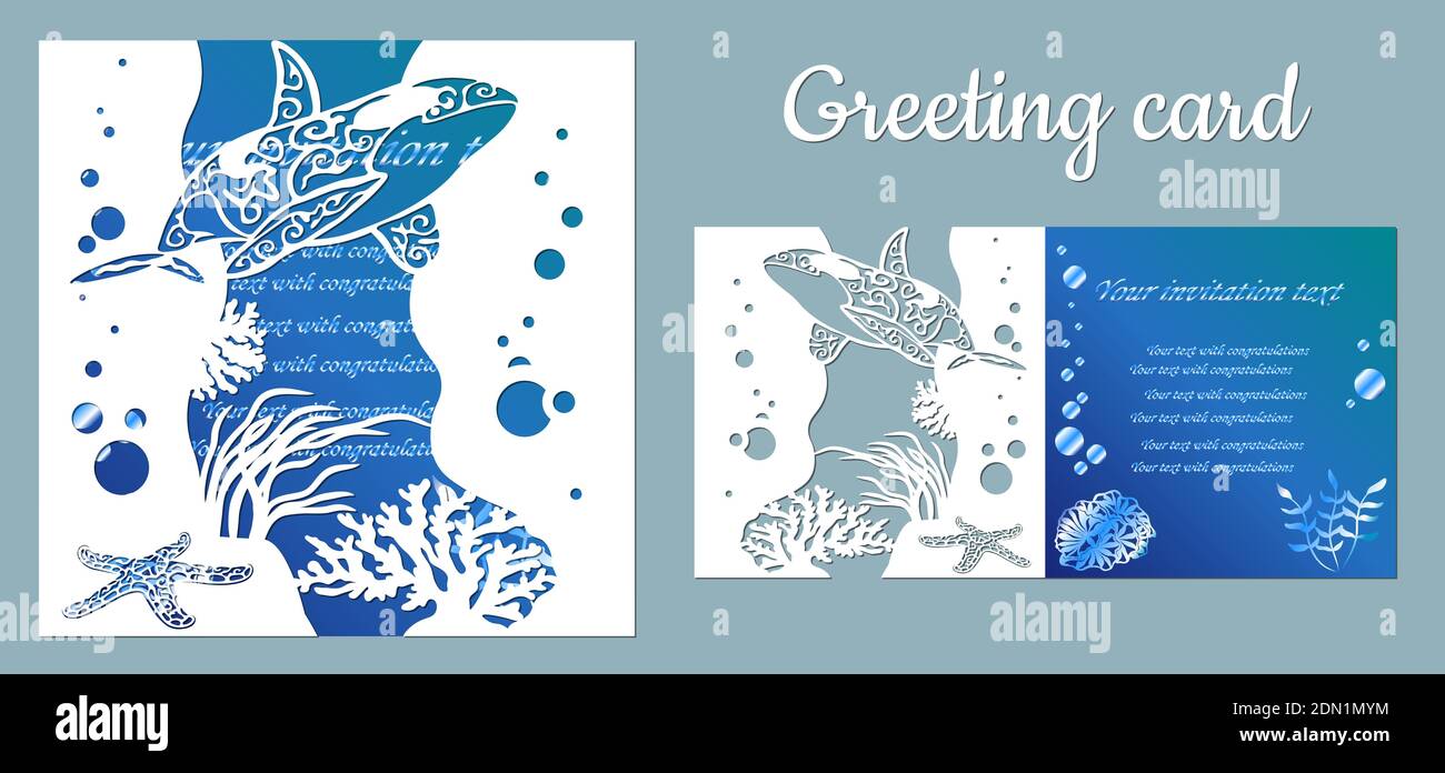 Killer whale, starfish, seaweed. Template for making a postcard. Vector ...