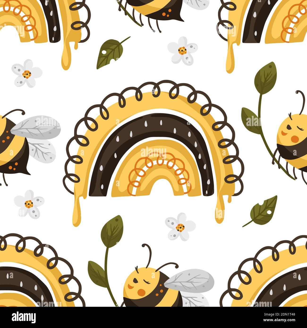 Rainbow and bee seamless pattern. Honey vector. Cute bee illustration ...