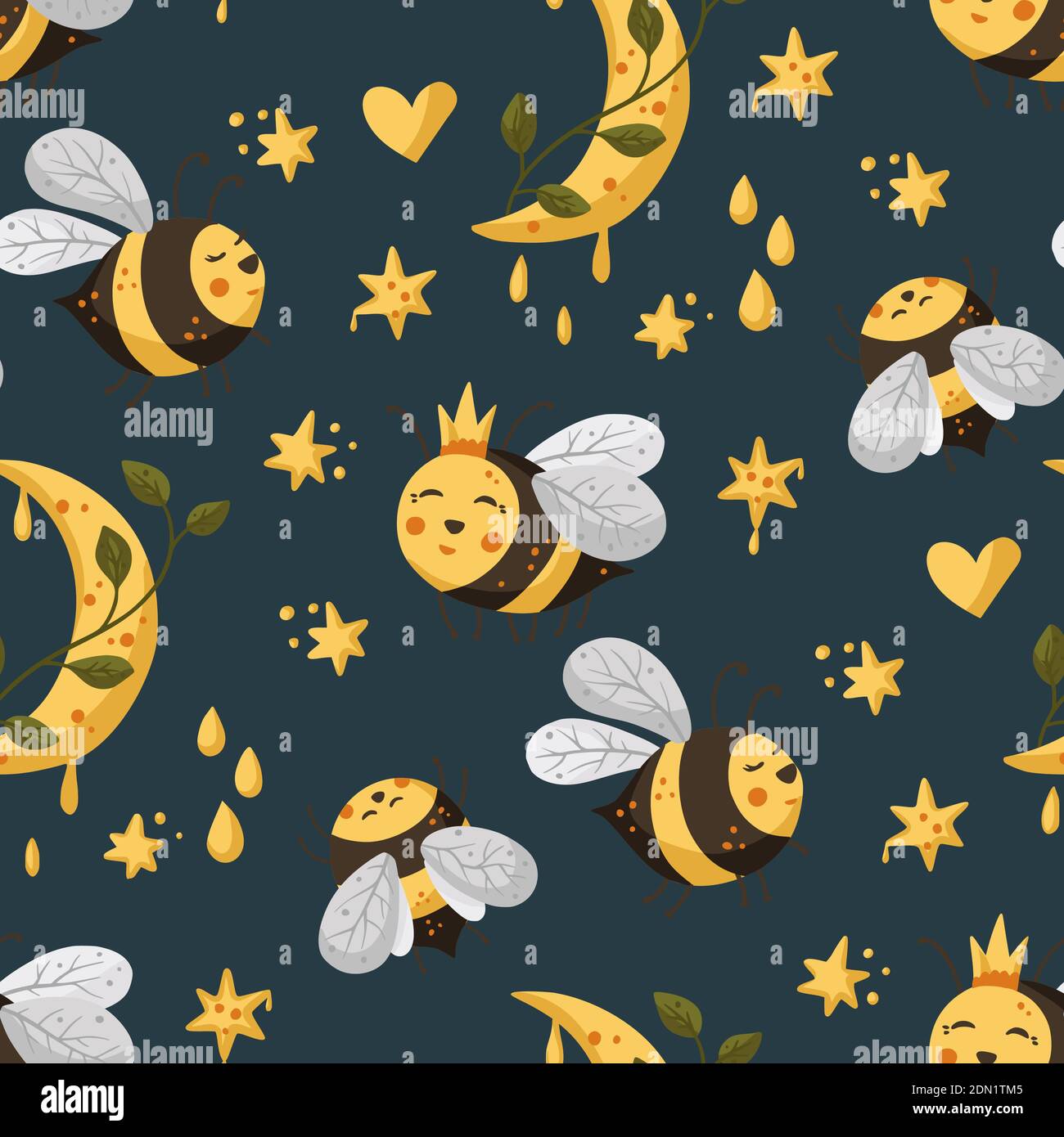 Bee with moon and stars seamless pattern. Honey vector. Cute bee ...