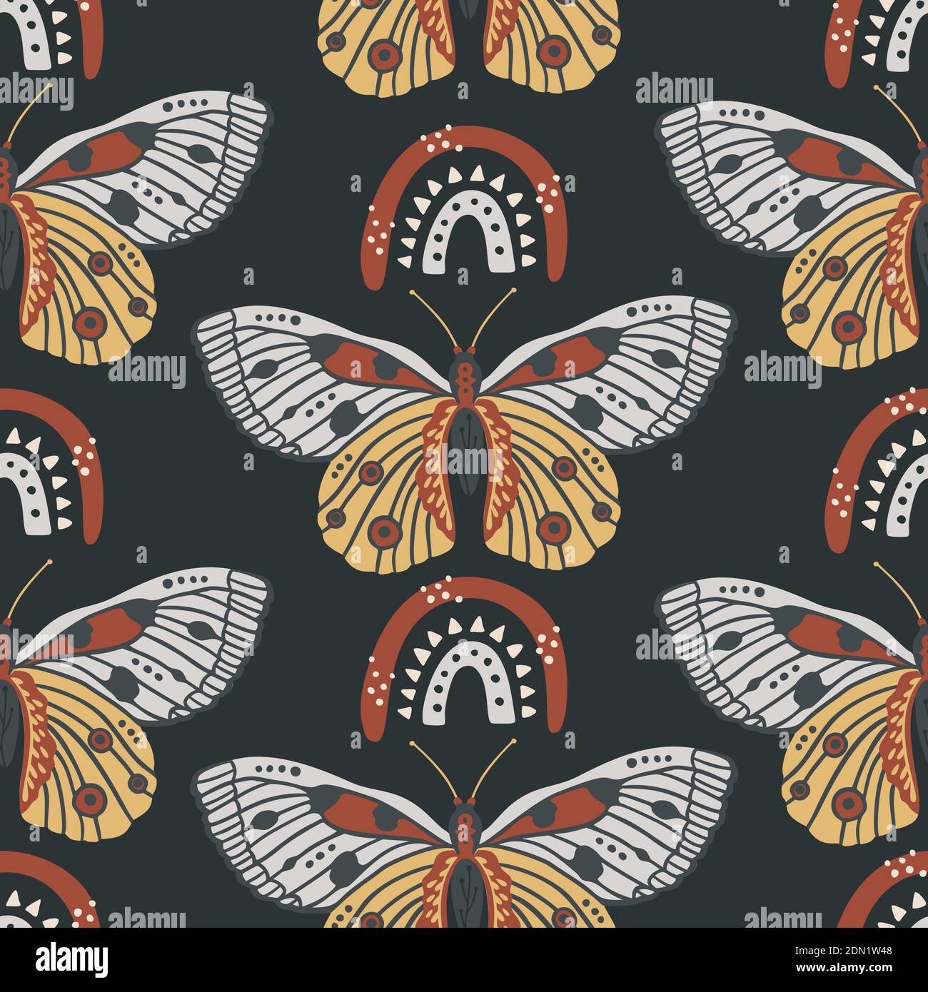 Boho butterfly vector pattern. Moth seamless bohemian background with ...