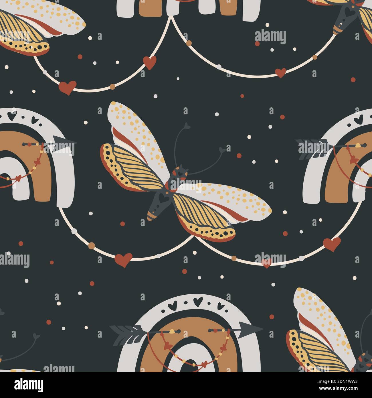 Boho butterfly vector pattern. Moth seamless bohemian background with ...