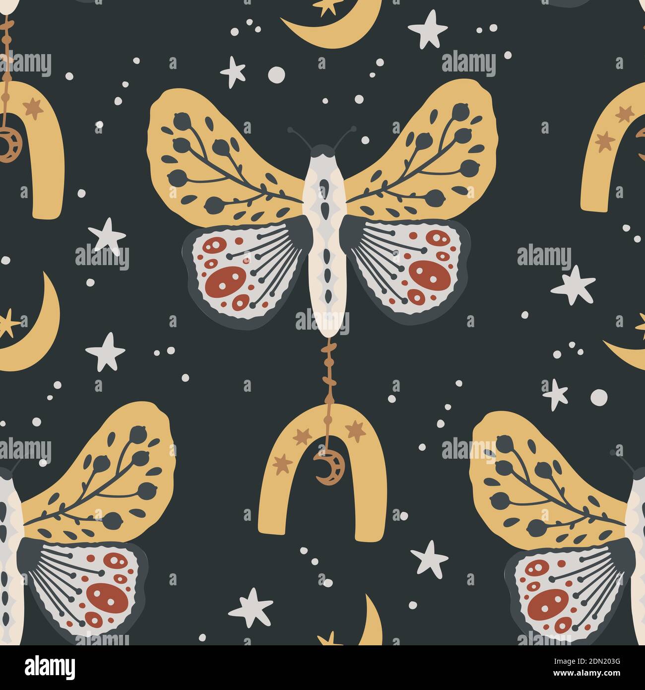 Boho butterfly vector pattern. Moth seamless bohemian background ...