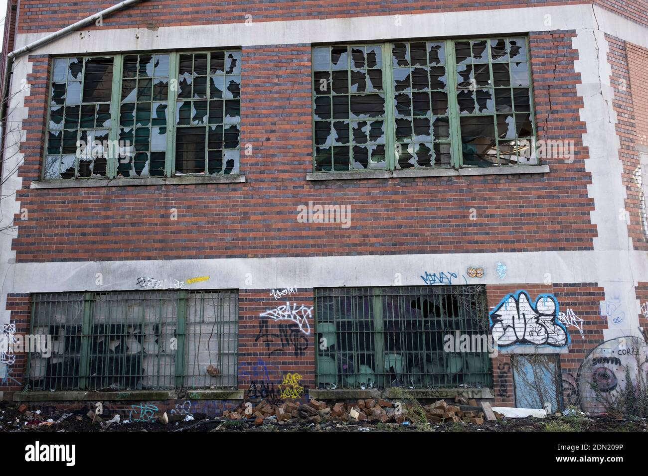 Street art adorns derelict at dilapidated factory buildings in the old ...