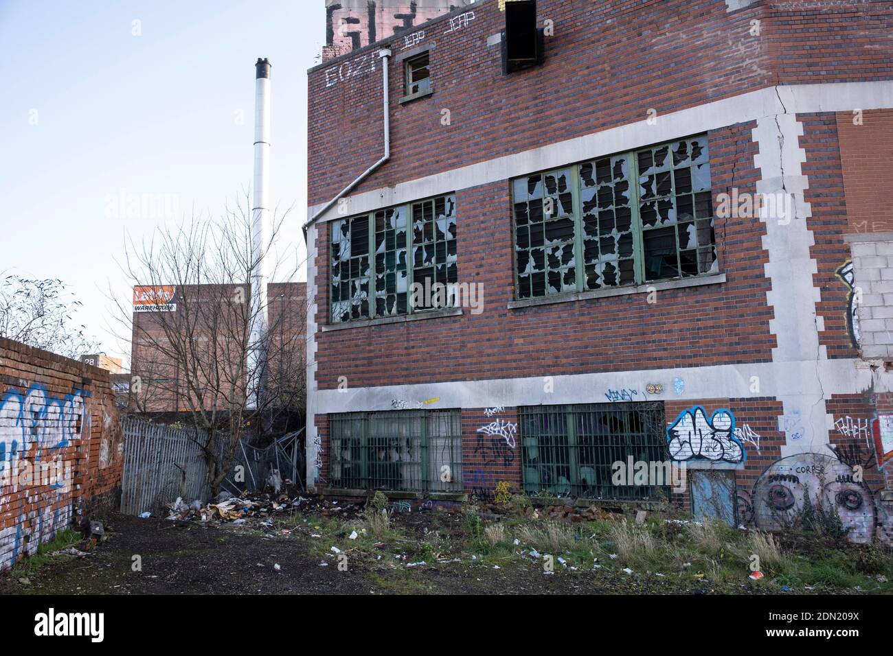 Street art adorns derelict at dilapidated factory buildings in the old ...