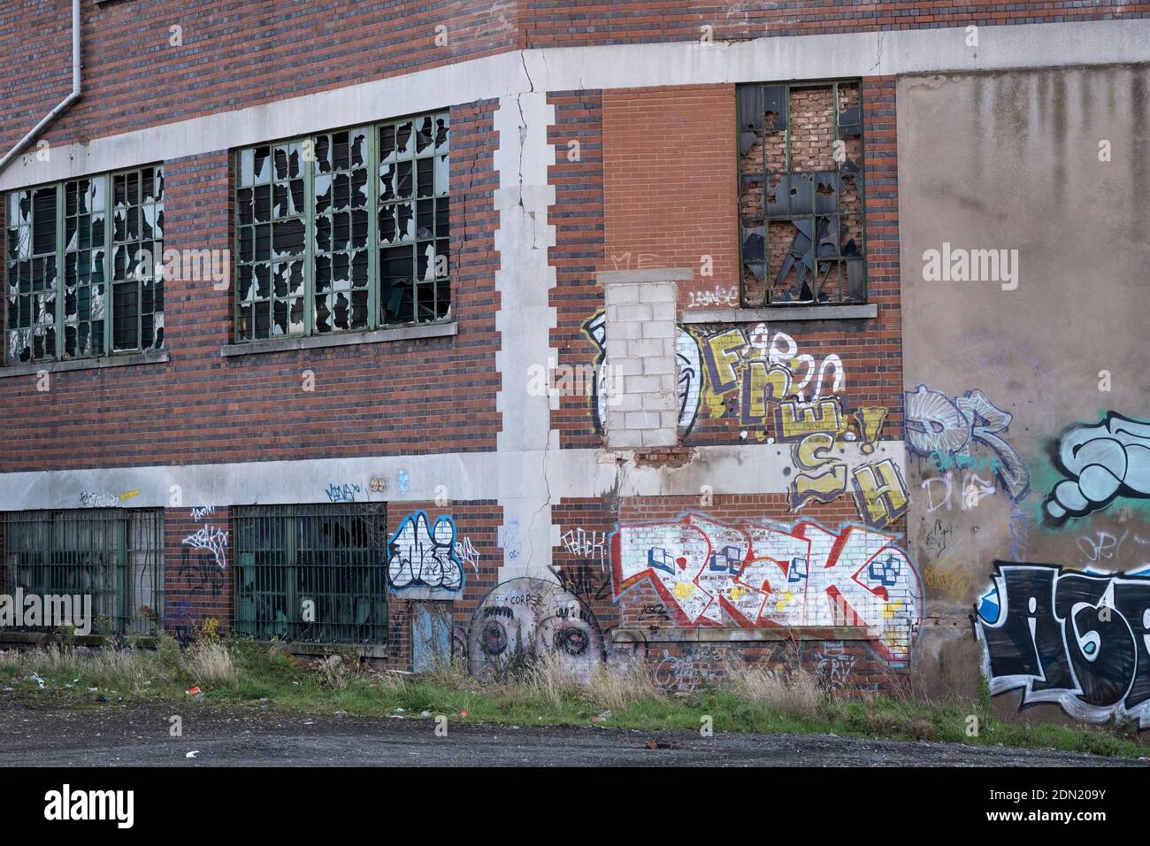 Street art adorns derelict at dilapidated factory buildings in the old ...