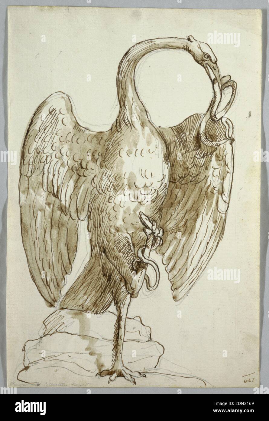 Swan and Two Snakes, Black crayon, pen and ink, brush and wash on paper ...