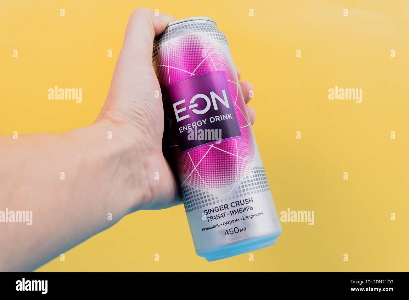 Tyumen, Russia-December 10, 2020: Aluminium can of the EON Energy Drink ...