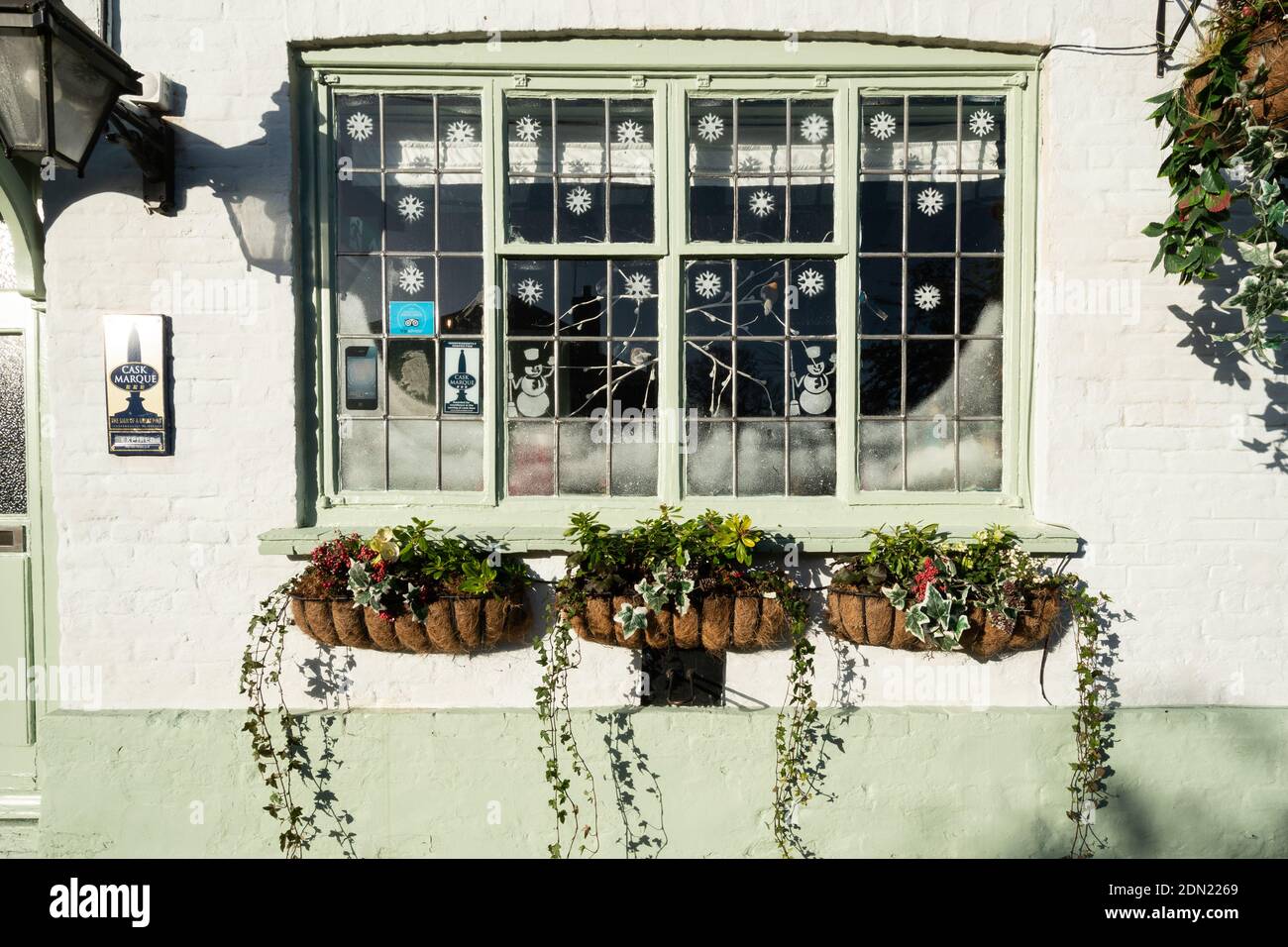 Pub window with plants in window boxes and Christmas decorations Stock ...