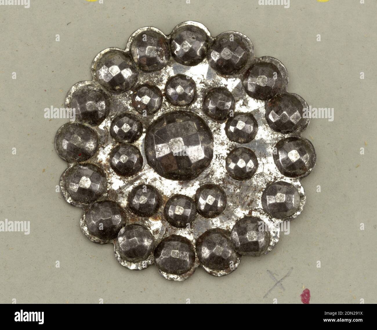 Buttons, Steel, Two flat buttons with shanks; b/: circular, plain edge ...