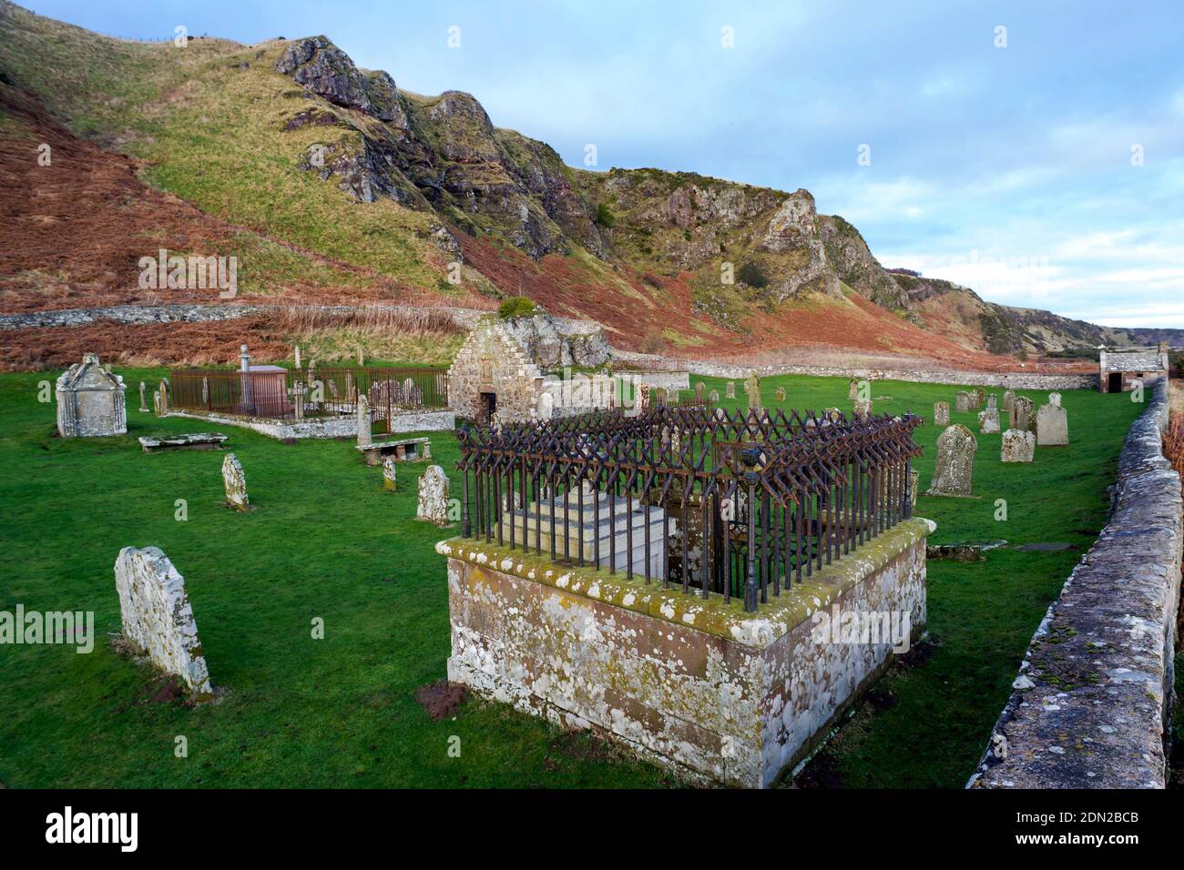 Old historic graveyard behind sand dunes at St. Cyrus, Aberdeenshire ...