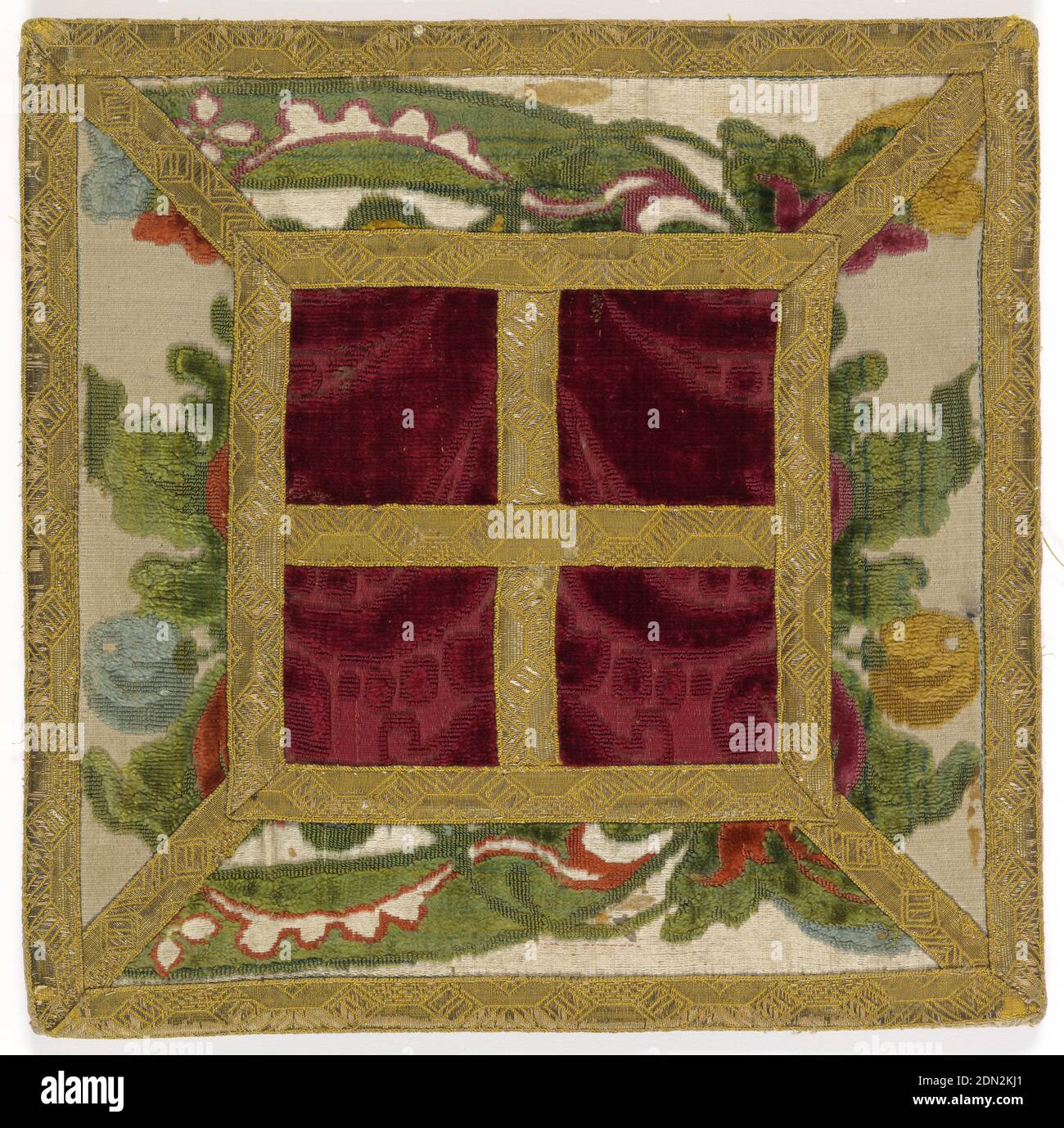 Burse, Medium: silk, linen, metallic trim, Burse has a center of red ...