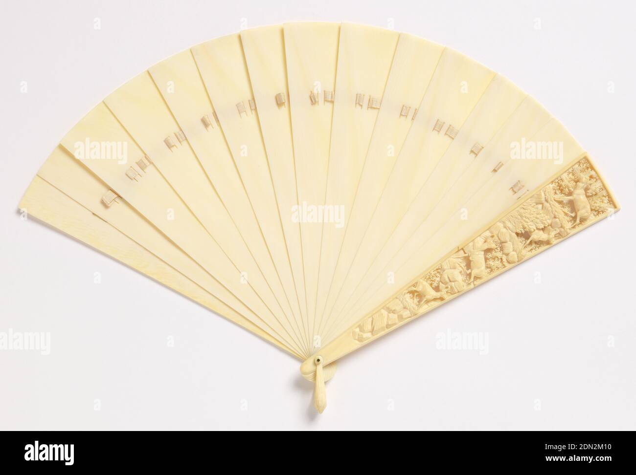 Brisé fan, Carved ivory sticks, Brisé fan of plain ivory sticks except ...