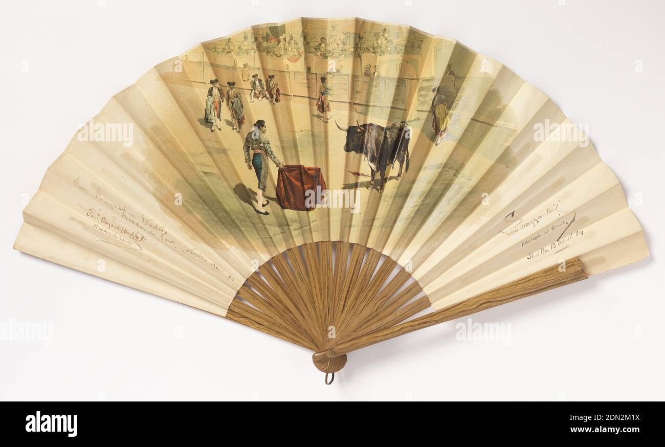 Pleated fan, Paper leaf printed by chromolithography, wood sticks ...