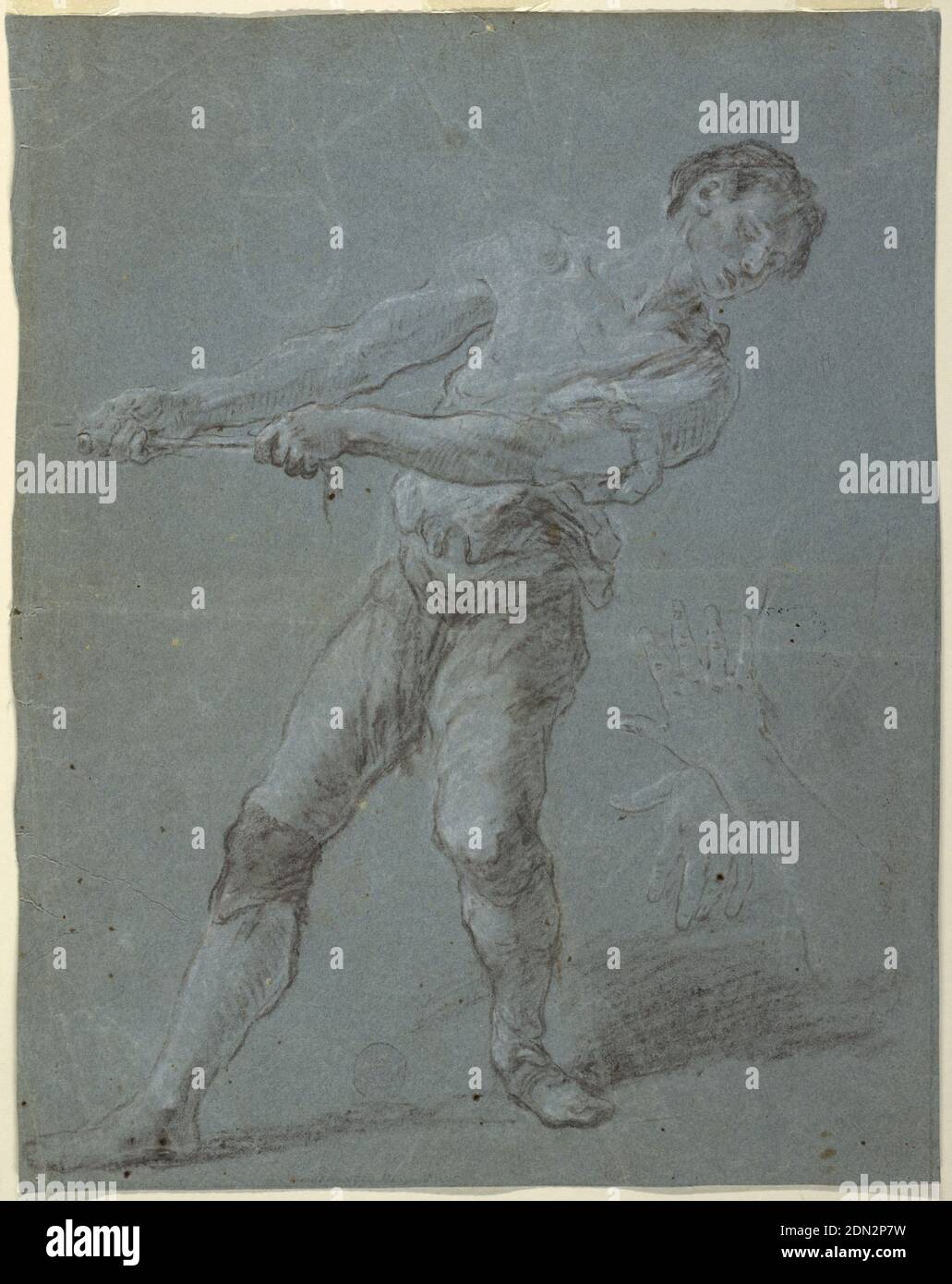 Young Man Pulling a Rope, Black and white chalk on blue paper, A man in ...