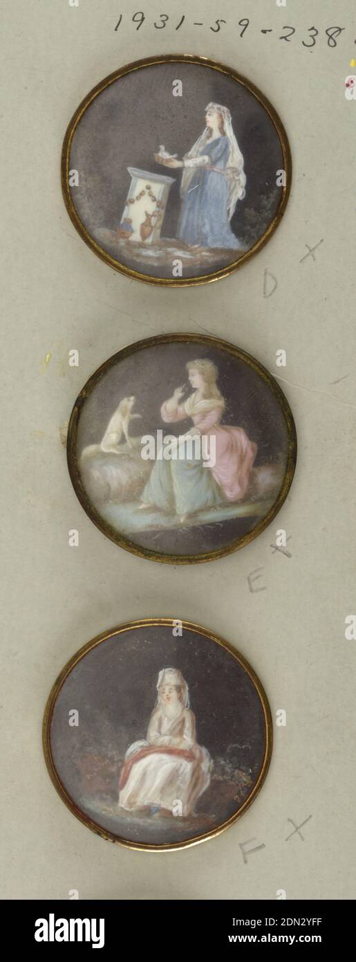 Button with Painted Lady Holding a Dove, porcelain, copper, glass, tin ...