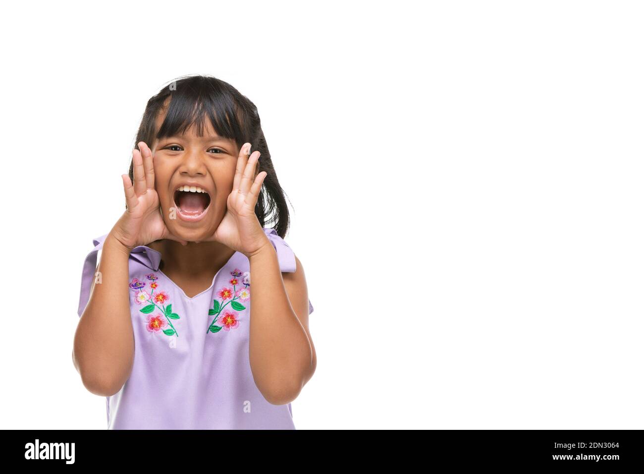 Portrait Of Girl Shouting Against White Background Stock Photo - Alamy