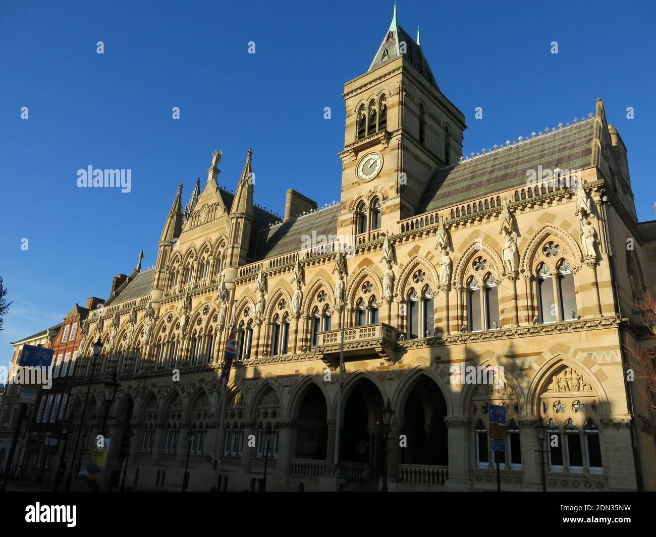 View of the external facade of Northampton's Guildhall with its ornate ...