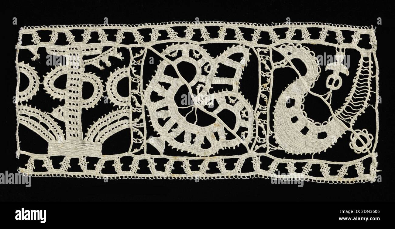 Band, Medium: linen Technique: grid of laid cord with needle lace ...