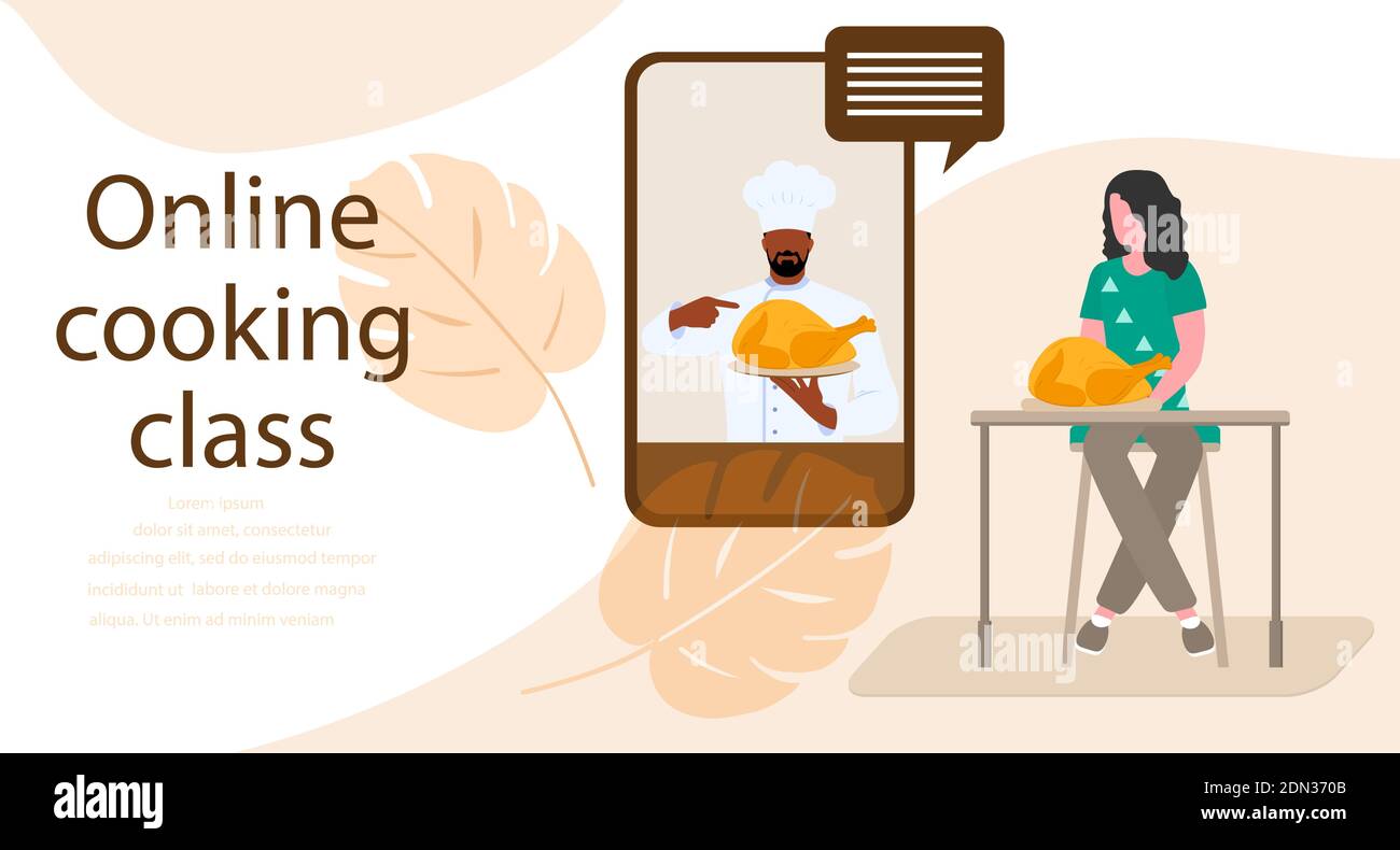 Vector illustration Cooking Online master class Woman cooking at home ...