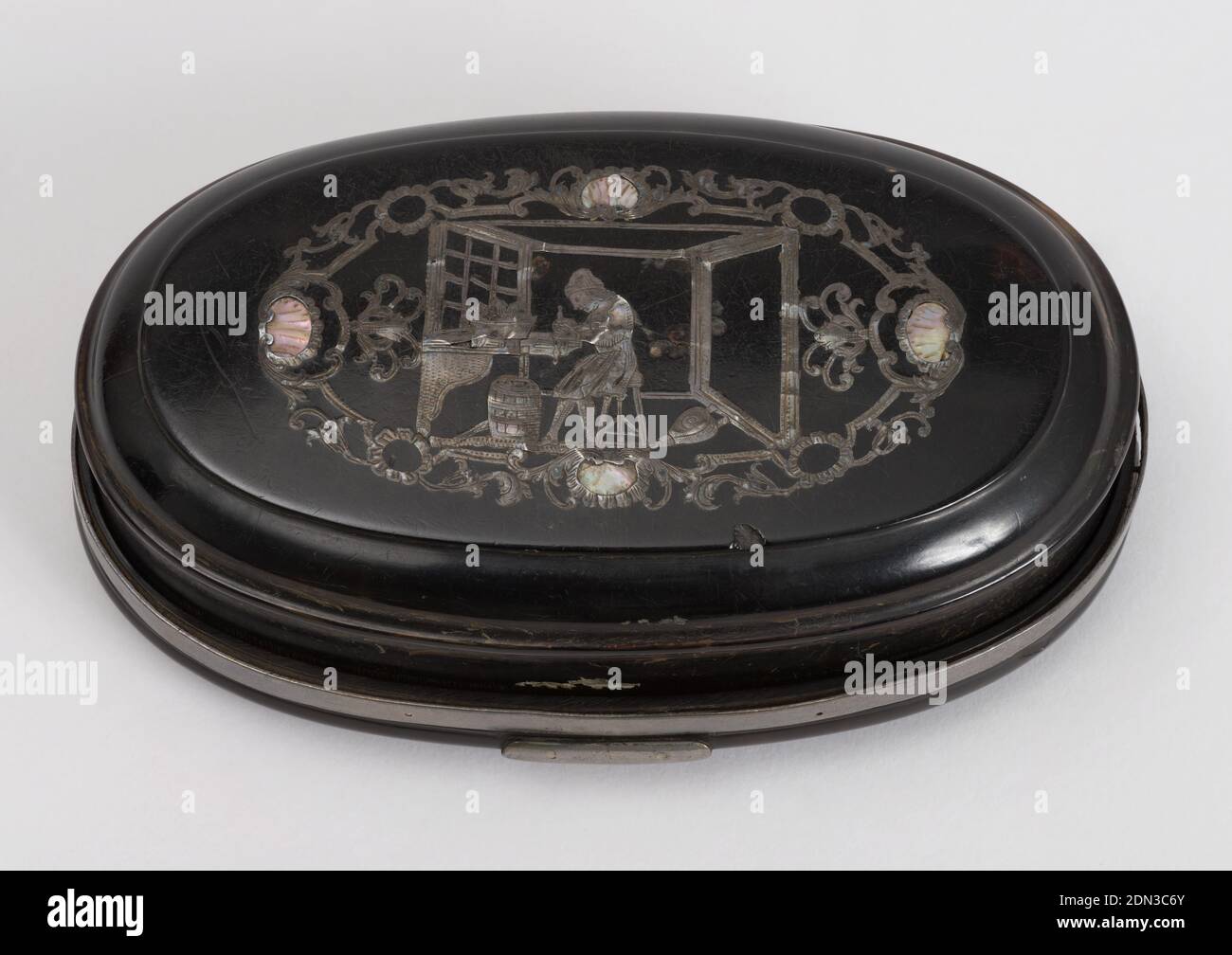 Box, Molded and carved tortoiseshell inlaid with silver and mother of ...