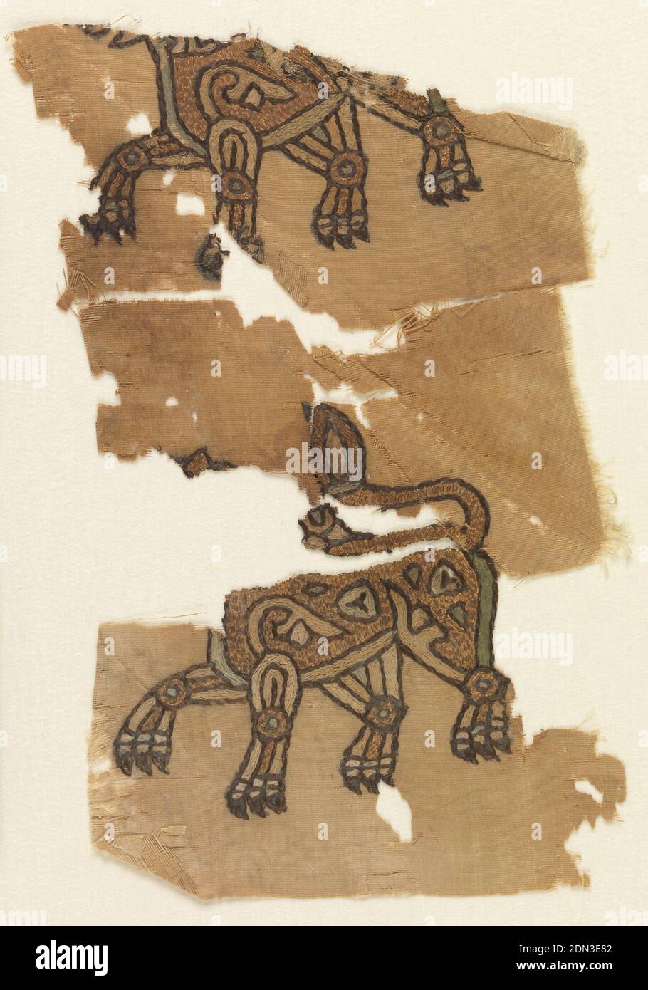 Fragment, Medium: silk and gold thread embroidery on cotton ground ...