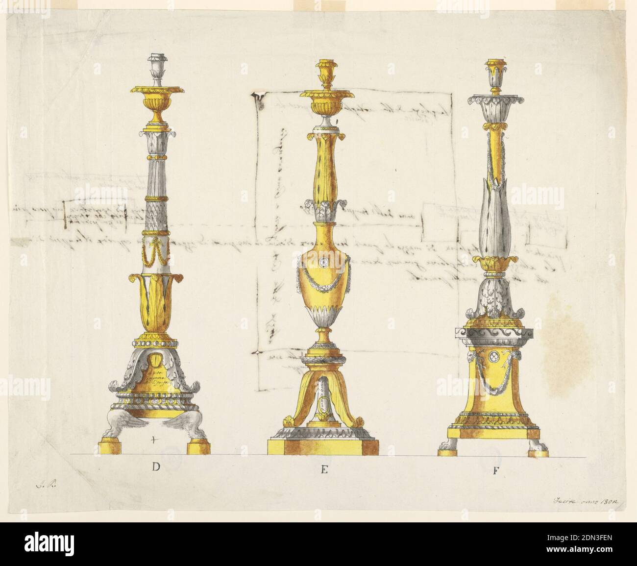 Three Designs for Candlesticks, Pen and ink, brush and yellow, red ...