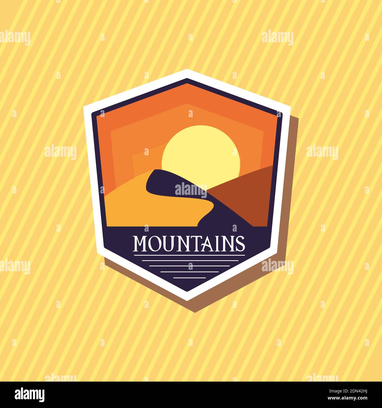 mountains with sun landscape label on striped background design, nature ...