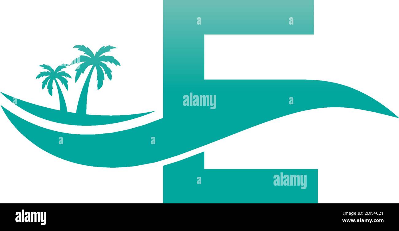 Letter E logo coconut tree and water wave icon design vector Stock ...