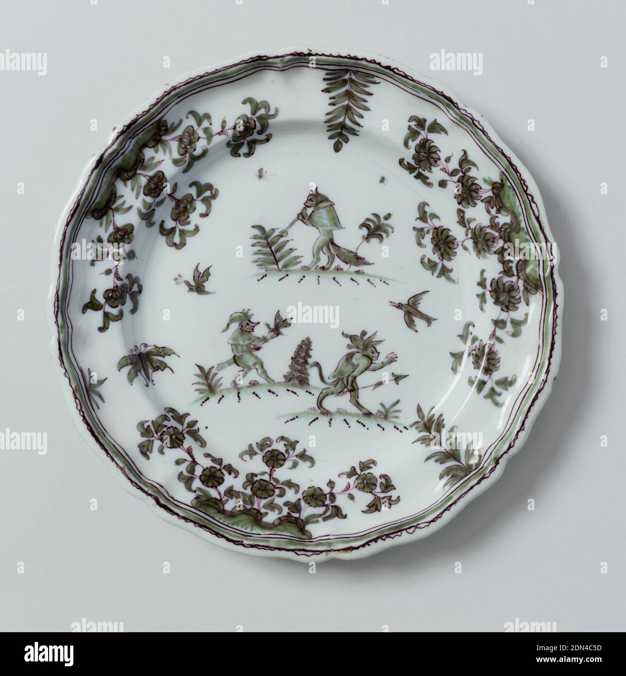 Plate, Tin-glazed earthenware, Circular plate with scalloped edge; dark ...