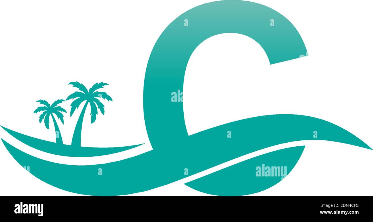 Letter C logo coconut tree and water wave icon design vector Stock ...