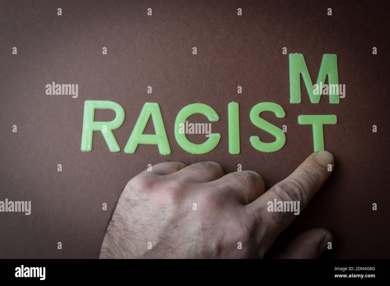 Human fingers sliding a letter to the word Racism to make it Racist ...