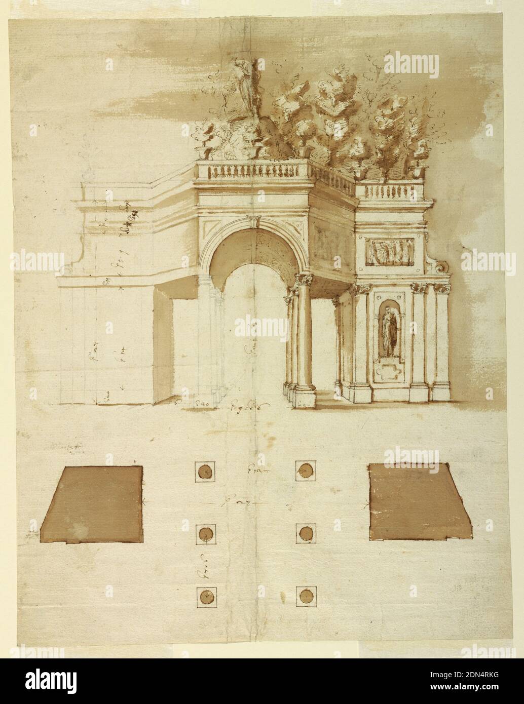 Design for a loggia, Lead pencil, pen and ink, bistre on paper, On top ...
