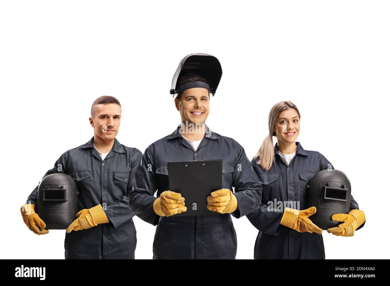 Team of a welders in uniforms isolated on white background Stock Photo ...