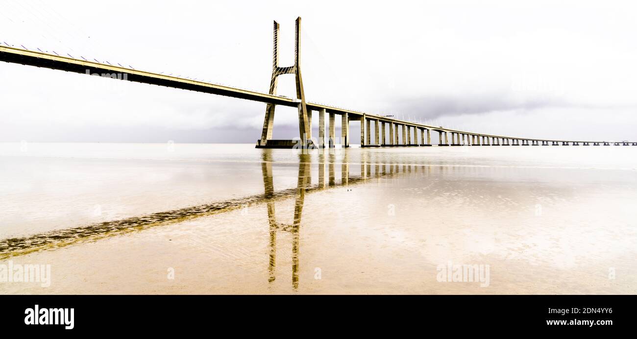 A high key panorama view of the Vasco da Gama Bridge in Lisbon Stock ...