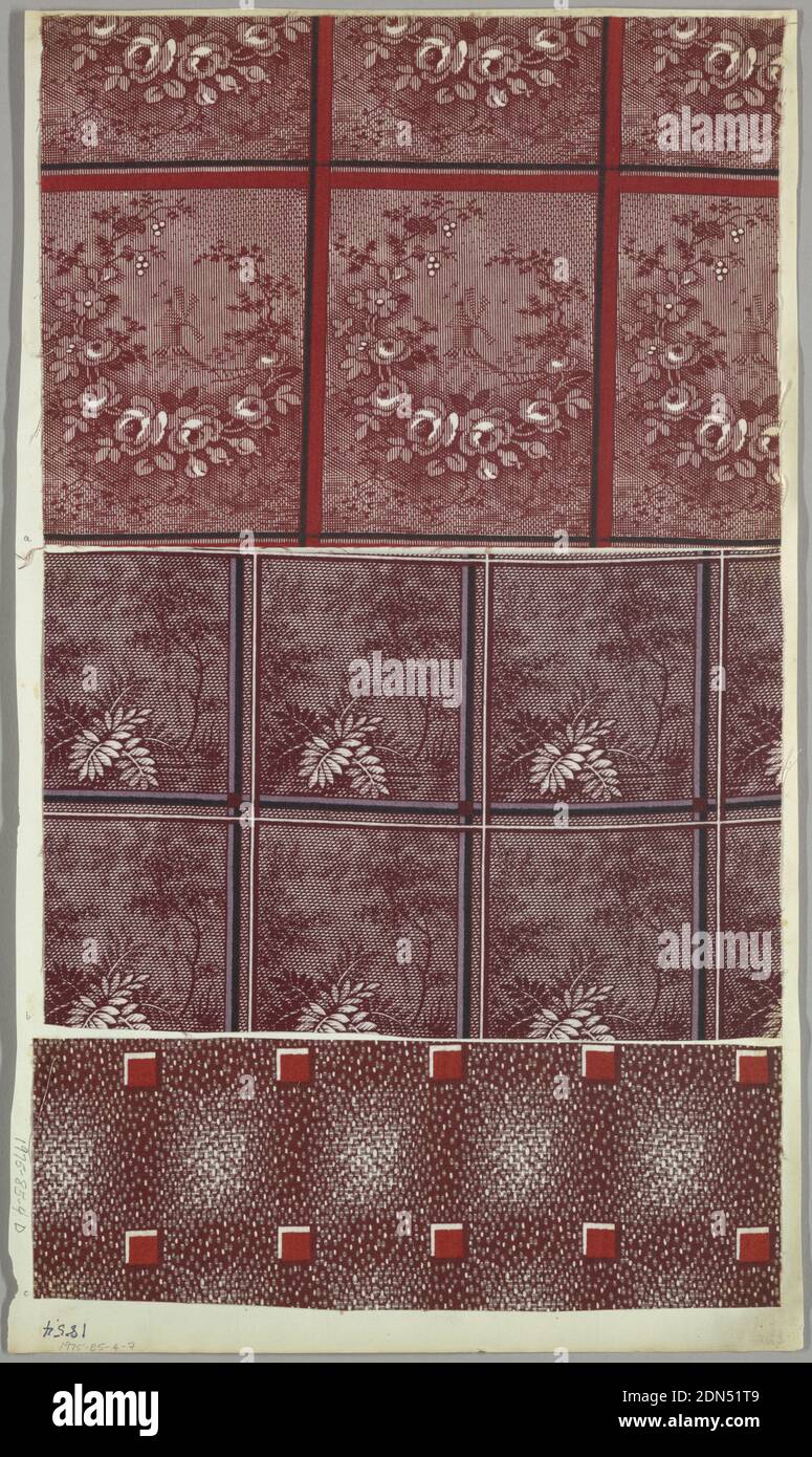 Textile, printed, One of seven pages from a printed fabric sample book ...