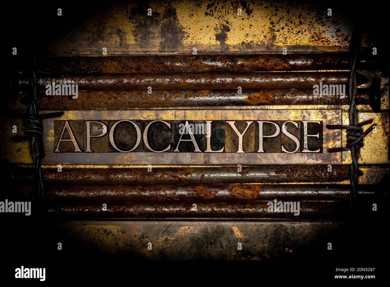Apocalypse text formed with real authentic typeset letters on vintage ...