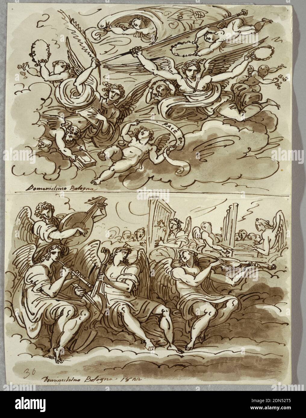 Seven putti atop clouds bearing various symbols hi-res stock ...