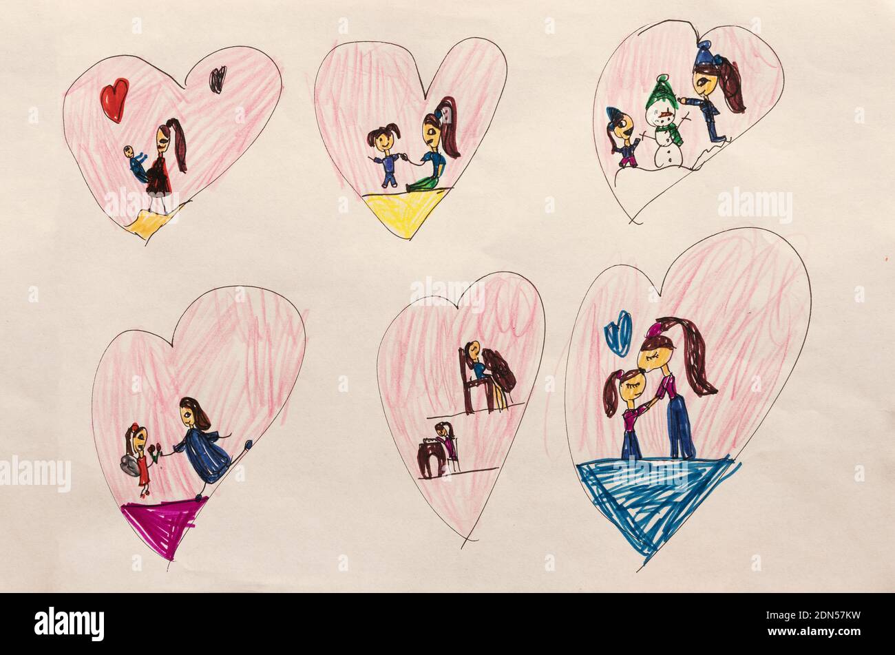 Seven year child's drawing, six hearts of everyday life, she and her ...