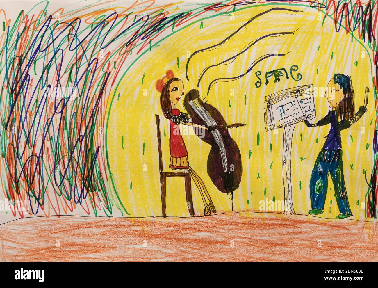 Seven year child's drawing, playing a cello on stage Stock Photo - Alamy