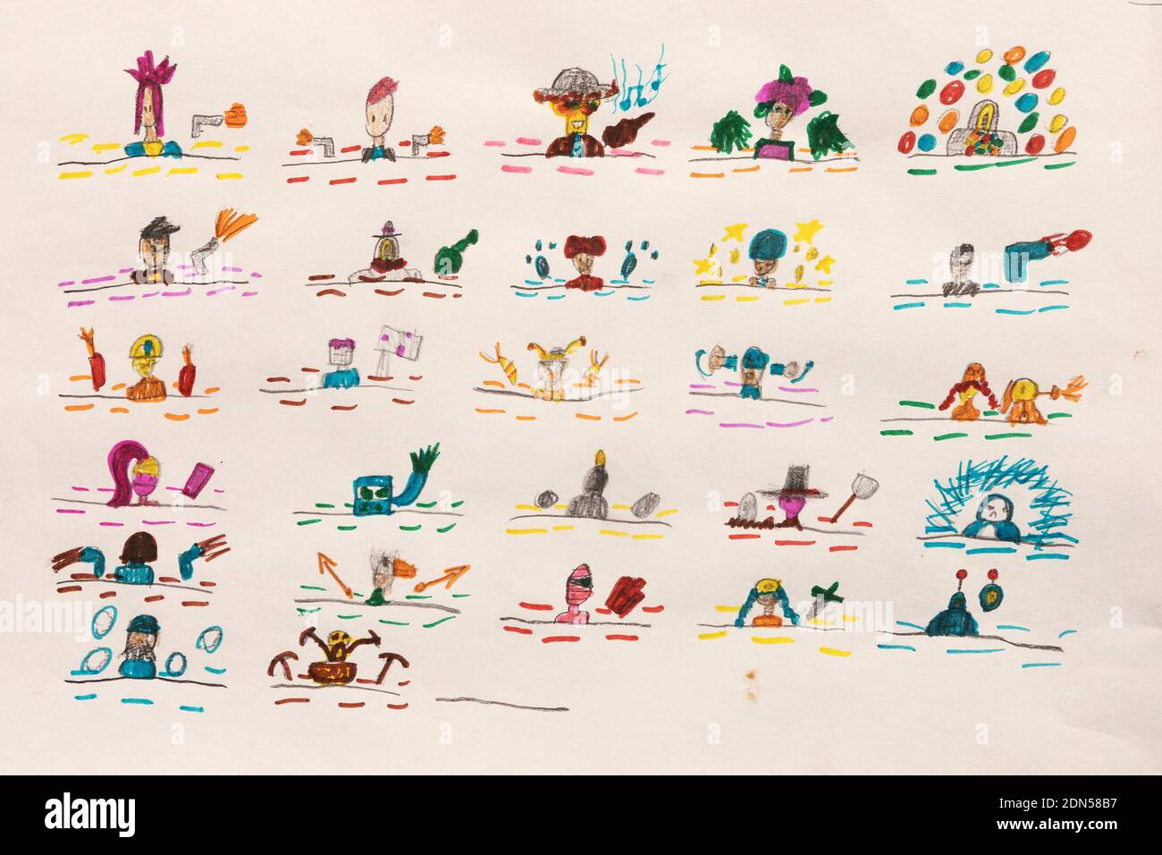 Seven year child's drawing, imaginary heroes from cartoons Stock Photo ...