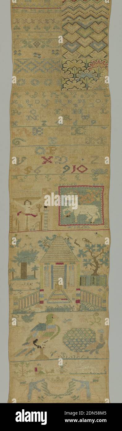 Sampler, Medium: silk embroidery on linen foundation Technique ...