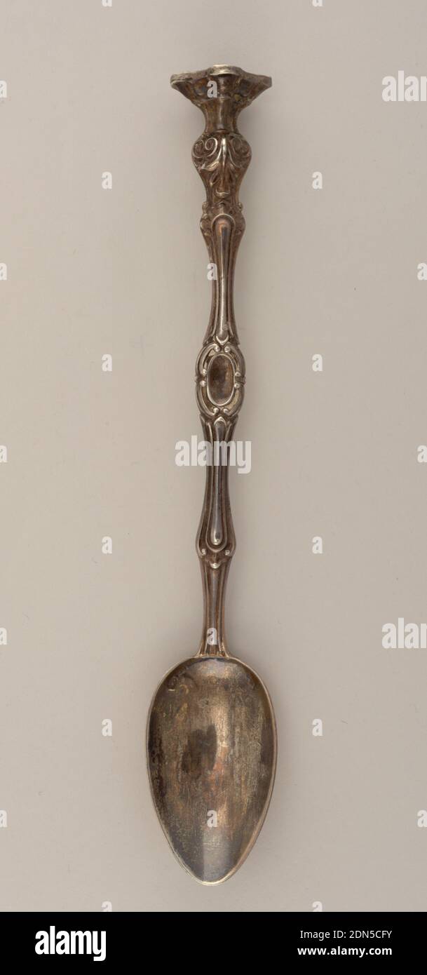Spoon, silver, Oval bowl, the shaped and reeded stem embossed at mid ...